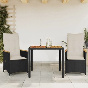 3dílný bistro set s poduškami černý polyratan