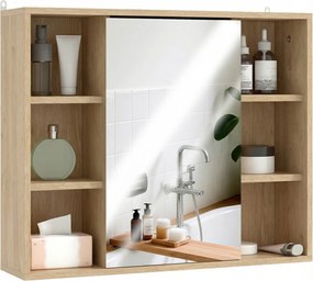 HOMCOM Závěsná zrcadlová skříňka do koupelny — 6 otevřených polic a zrcadlové dveře, přírodní dřevo, 60 × 14,5 × 49,4 cm (23,6 × 5,7 × 19,4 in)