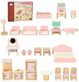 Creative Corner Domeček pro panenky nábytek obývací pokoj ložnice koupelna kuchyně dřevěný růžový