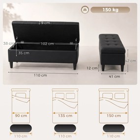 HOMCOM lavice s úložným prostorem 136L, velký úložný puf 110x41x42 cm, vhodný pro domácí mazlíčky, umělá kůže, černá