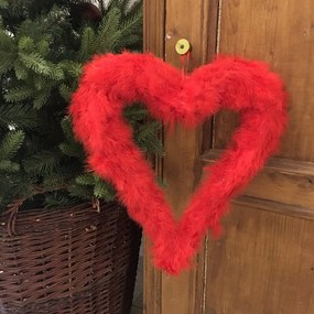 Dekorace srdce z peříček, 37 cm, polystyren, peří, červená, k zavěšení