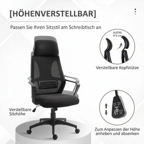 Vinsetto kancelářská židle s nastavitelným opěradlem, područkami, hlavovou opěrkou, kolečky a houpací funkcí, nosnost 120 kg, 64x55x116-126 cm, černá