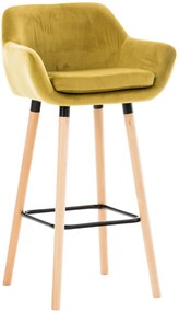 Barová židle Grant ~ samet, dřevěné nohy natura - Žlutá