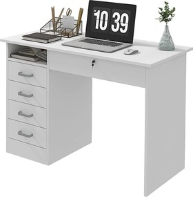 HOMCOM Moderní Počítačový Stůl s 5 Zásuvkami, Velká Deska, 1 Otevřený Úložný Prostor, Zámková Zásuvka, 110x50x76 cm, Bílý