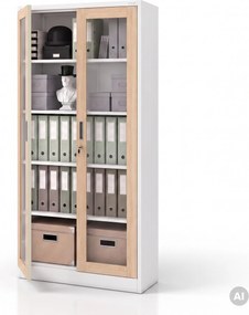 Kovová skříň s vitrínou bílá, dub sonoma, 900x1850x400 mm: AMELIA Eco Design