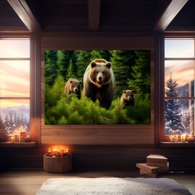 Obraz na plátně - Medvěd Grizzly s rodinou v jehličnatém lese FeelHappy.cz Velikost obrazu: 120 x 80 cm