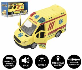 Auto ambulance plast 20cm na setrvačník na baterie se zvukem se světlem v krabici 26x15x12cm