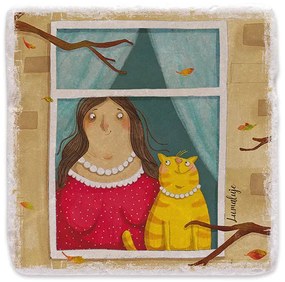 Paní v okně s kočkou - mramorový tácek