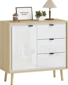 HOMCOM Moderní sideboard se 3 zásuvkami a skříní, nastavitelná vnitřní police a lesklé dveře, bílé a dubové