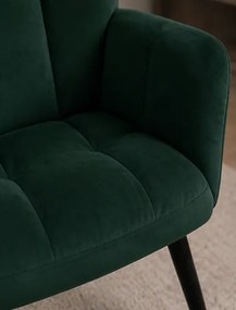 křeslo relaxační, s podnožkou, odpočinkové, ušák, kov/samet, 98x63x69 cm, černá/tmavě zelená, Dekorino KR20260014