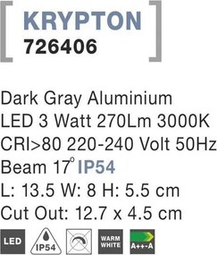 NV 726406 Venkovní zapuštěné svítidlo do zdi KRYPTON tmavě šedý hliník LED 3W 3000K 220-240V 17st. IP54 - NOVA LUCE