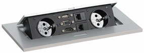 Zásuvkový box TYP VI - výklopný, 2x zásuvka, VGA, HDMI, USB DATA, 2x RJ45 port, stříbrná