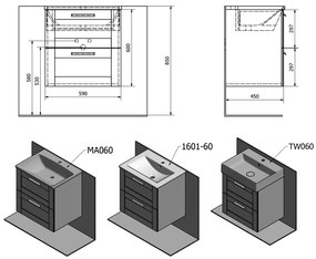 Sapho AMIA umyvadlová skříňka 59x60x45cm, dub Collingwood, AM060-1919