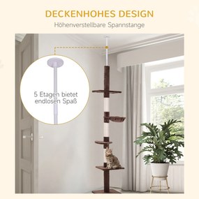 Stropní škrabadlo PawHut vysoké 230-260 cm - výškově nastavitelný kočičí strom s robustními sisalovými sloupky v hnědé barvě pro milovníky koček