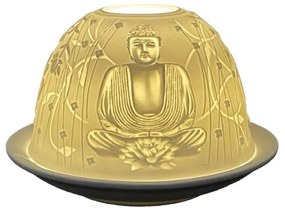 Bílý porcelánový svícen na čajovou svíčku Buddha a bambus – 12x8 cm