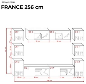 Ral Obývací stěna FRANCE 4, 256 cm - Černo-bílý lesk