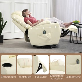 HOMCOM relaxační křeslo s masážní funkcí, sklopné opěradlo, otočné, do 150 kg, umělá kůže, krémově bílá