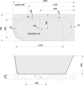 Polysan SUSSI R rohová stojící vana litý mramor 150 x 70 x 50 cm bílá pravá 93231R