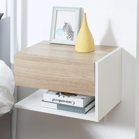 HOMCOM Sada 2 Floating Nočních Stolků Bez Noh K Hanging Noční Stolky s 1 Zásuvkou a Otevřenou Policou pro Ložnici 46x30x30 cm Dub a Bílá