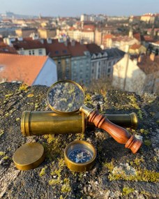 Mosazná sada - kompas, lupa a dalekohled v dřevěném boxu