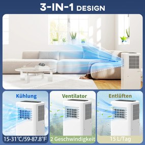 Mobilní klimatizace, různá nastavení, LED displej, časovač, kolečka, bílá barva
