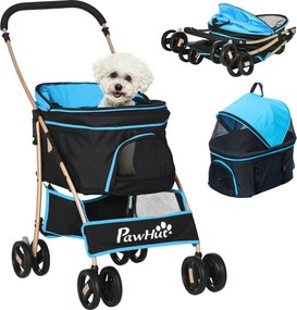 PawHut 3-v-1 Skládací Kočárek pro Malé Psy s Odnímatelnou Úložnou Skladovací Taškou, Bezpečnostními Popruhy a Polštářem, Nosnost 15 kg, Modrý | Aosom