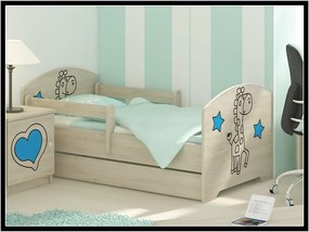 Dětská postel Oskar Žirafa 140x70 cm - Dub Sonoma - 1x krátká + 1x dlouhá zábrana se šuplíkem - Modrá