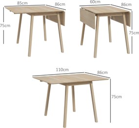 HOMCOM Rozkládací jídelní stůl Kuchyňský stůl pro 2-4 osoby ze dřeva 110 x 86 x 75 cm ideální do malých místností v přírodní barvě