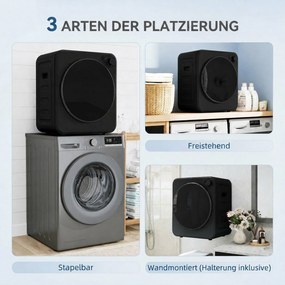 HOMCOM Mini sušička prádla 4 kg s 5 programy až do 60℃ 800W/400W odvětrávací sušička s nerezovým bubnem černá