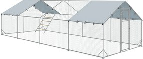 PawHut Kuřecí výběh z oceli, 3 x 8 x 1,95 m, kuřecí kurník s UV-odolným krytem, krmnými dvířky, zavěšeným krmítkem, bidlem, kuřecí ohrada pro 24-30 ku