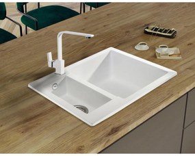 Sink Quality Ferrum, kuchyňský granitový dřez 605x495x210 mm + černý sifon, bílá, SKQ-FER.W.5KBO.XB
