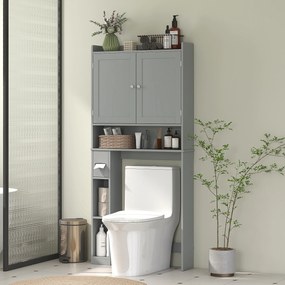 HOMCOM nástavec nábytku pro WC nebo pračku, 2 dveře, 3 přihrádky, držák na toaletní papír, 80x19,5x170 cm, šedá