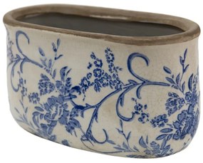 Oválný keramický obal na květináč s modrými květy Saten M – 17x9x10 cm