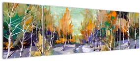 Obraz - Zasněžená cesta lesem, olejomalba (170x50 cm)