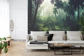 Fototapeta Dark Rainforest, Sun Rays Through The Trees, Rich Jungle Greenery. Atmospheric Fantasy Forest. 3D . Hladký vinyl 400x280