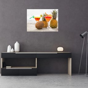 Skleněný obraz ananasů a sklenic na pláži (70x50 cm)