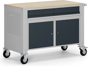 Pojízdný dílenský stůl G9, 2 skříňky, 2 zásuvky, 1180 x 595 x 865-1130 mm, šedá/grafit