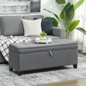 HOMCOM Lavice s úložným prostorem, polstrovaná lavice 120x40x48 cm s bezpečnostními panty, lněný vzhled, tmavě šedá