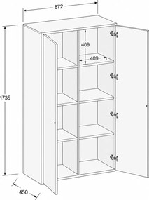 Kancelářská skříň FRAME, 2x dveře, 872 x 450 x 1735 mm, PUSH-lock, šedá