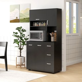 HOMCOM Víceúložná Kuchyňská Skříň se 4 Dveřmi a 3 Zásuvkami, Police + Velká Pracovní Deska 89L x 39,5W x 168H cm Černá