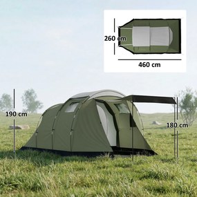 Outsunny stan pro 3–4 osoby — voděodolný rodinný stan s ložnicí, předním přístřeškem a obytnou částí, vodní sloupec 3000 mm, zelený
