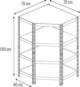 Rohový kovový regál RIVET BUGDET, 180x70x70x40 cm, 4x HDF police, zinek
