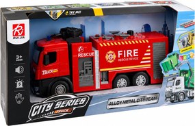 LEAN Toys Hasičské auto s funkcí stříkání vody, kovová kabina, světla, zvuky, měřítko 1:12