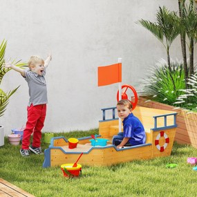 Dětský pískoviště pirátská loď Outsunny - se stožárem a červenou vlajkou, 2 schody a úložným prostorem - Žluté dřevo jedle a netkaná textilie