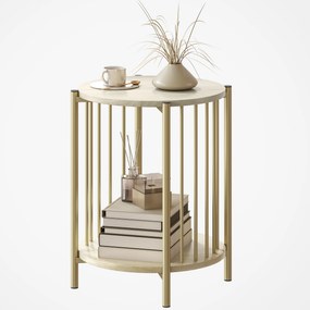 HOMCOM Kulatý odkládací stolek se 2 úrovněmi a úložným policí z oceli pro obývací pokoj nebo ložnici Ø41x49 cm, přírodní