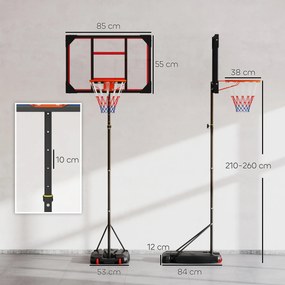 AIYAPLAY Dětský venkovní koš na basketbal, nastavitelný od 210-260 cm s kolečky, systém na basketbal pro děti od 6 let, červený