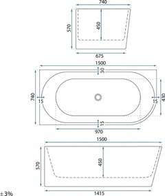 Asymetrická akrylátová vana s krycím panelem REA BELLANTO SLIM Levá 150x74 cm, bílá, sifon Click-Clack - zlatý kartáčovaný