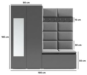 Eka Předsíňová stěna s čalouněnými panely Trinity 8 - Dub Artisan s černou / Tmavá šedá 2315