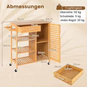Costway Kuchyňský vozík s úložným prostorem bambusový vozík servírovací vozík