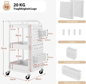 Costway 3patrový kovový vozík s 2 pegboardy a 2 košíky a 4 háčky